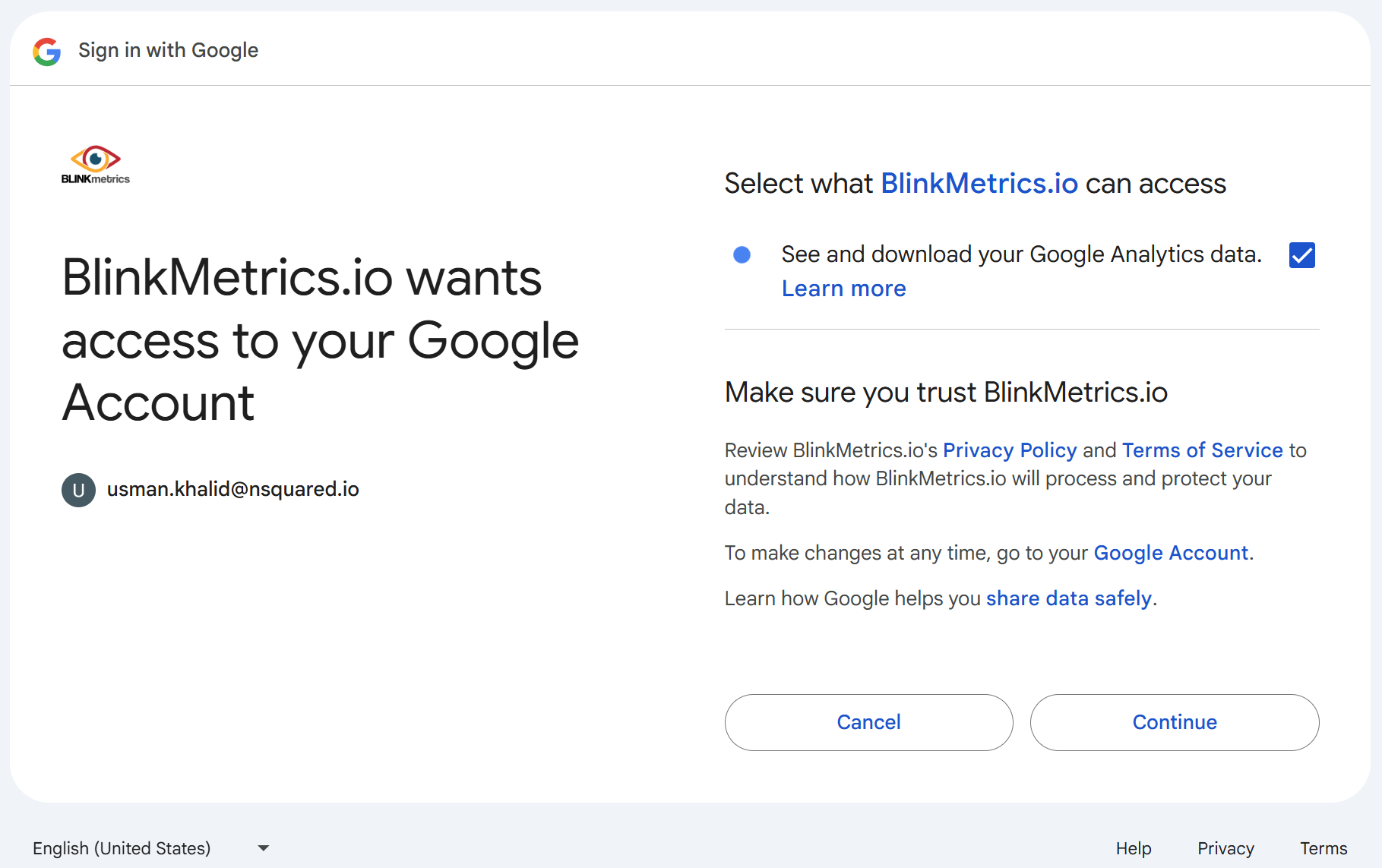 Google Analytics Connection - BlinkMetrics