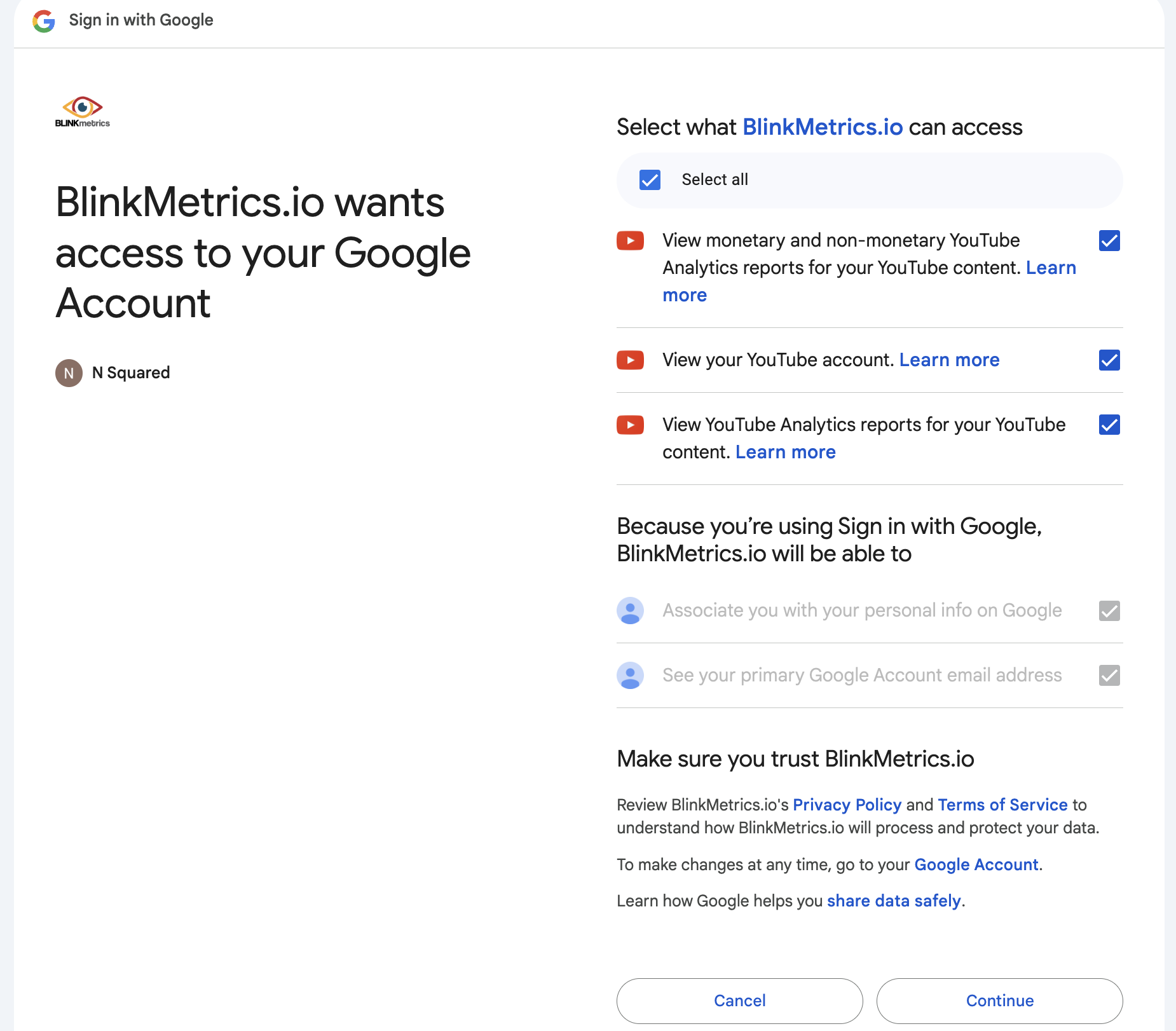 YouTube Analytics Connection - BlinkMetrics